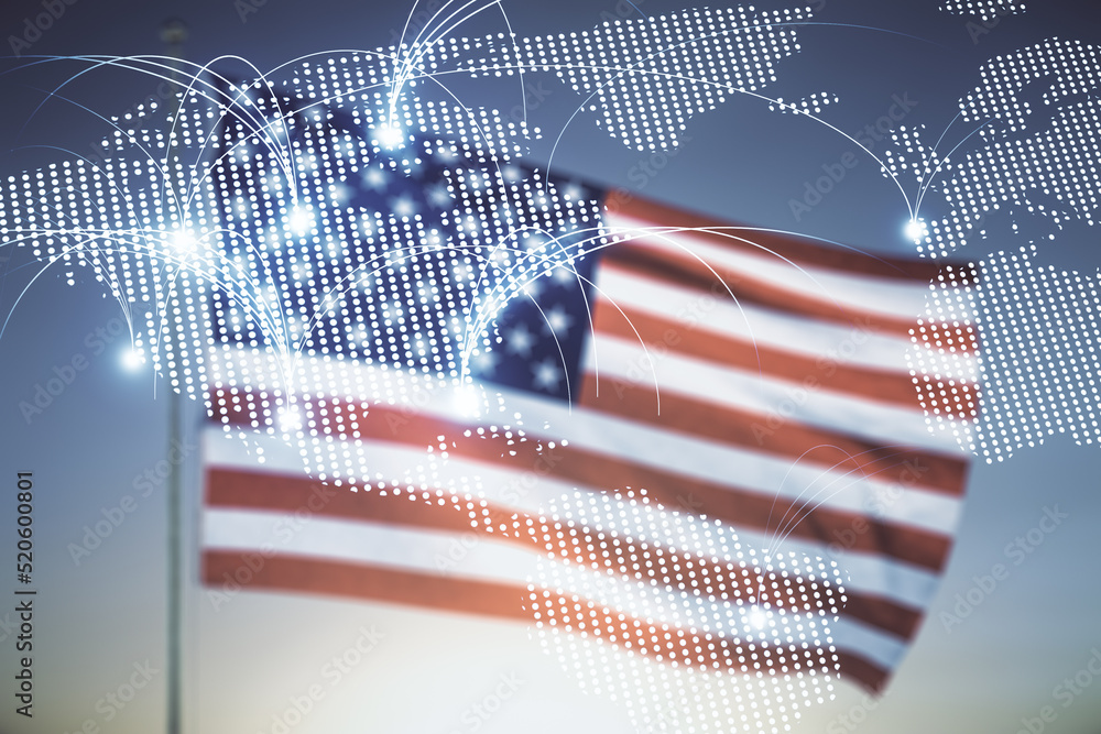 Abstract virtual world map with connections on USA flag and sunset sky ...