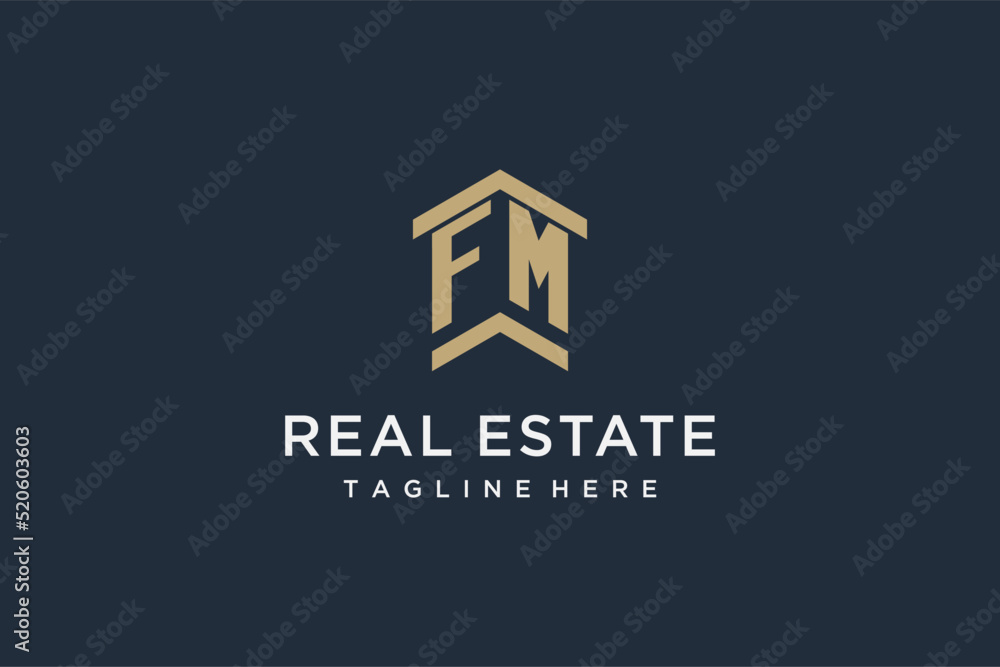 Initial FM logo for real estate with simple and creative house roof ...