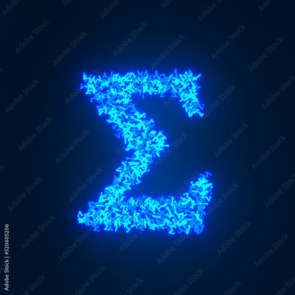 Scattered blue neon letters and symbols isolated over a black ...