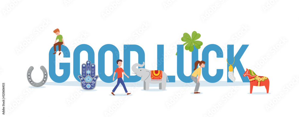 Good luck abstract text with fortune symbols, flat vector illustration ...