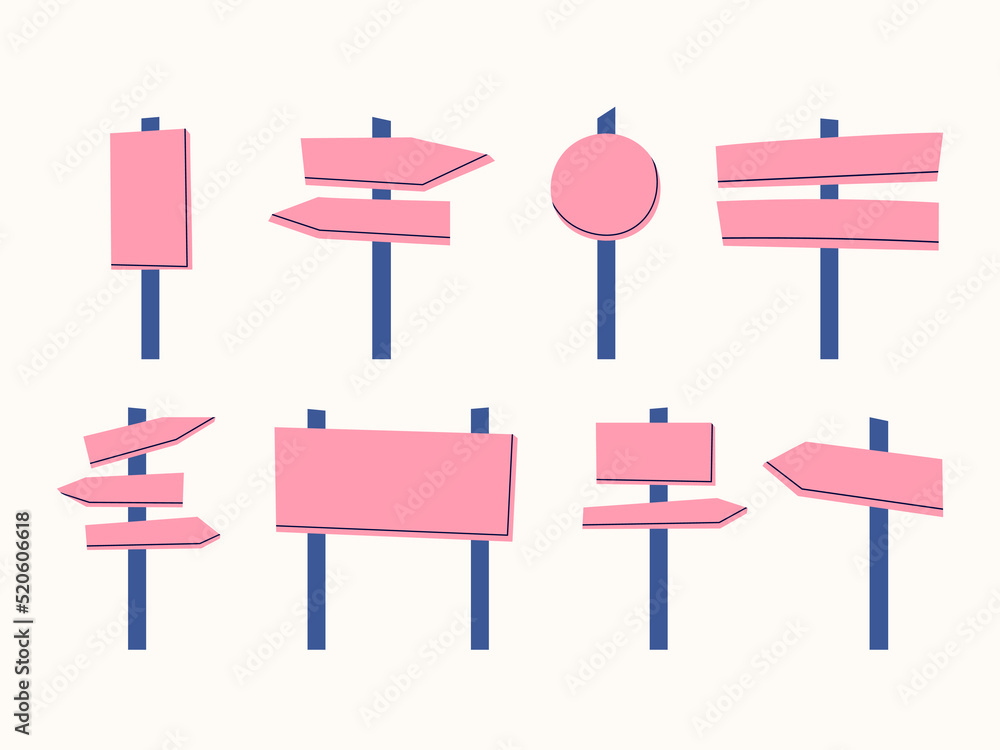 Pink wayfinding signage. Big set of road signs are rectangular ...