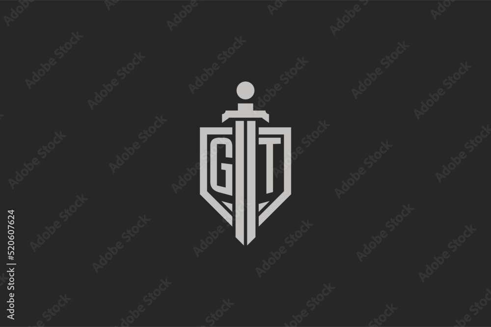 Letter GT logo with shield and sword icon design in geometric style ...