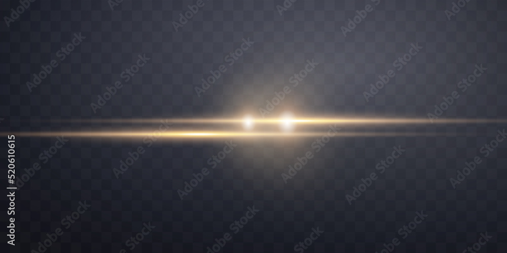 Gold horizontal lens flare. Sun flash with rays or gold spotlight and bokeh. Yellow glow flare ...
