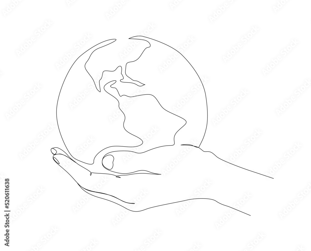 Continuous Line Drawing Of Hands Holding Earth Globe Single One Line