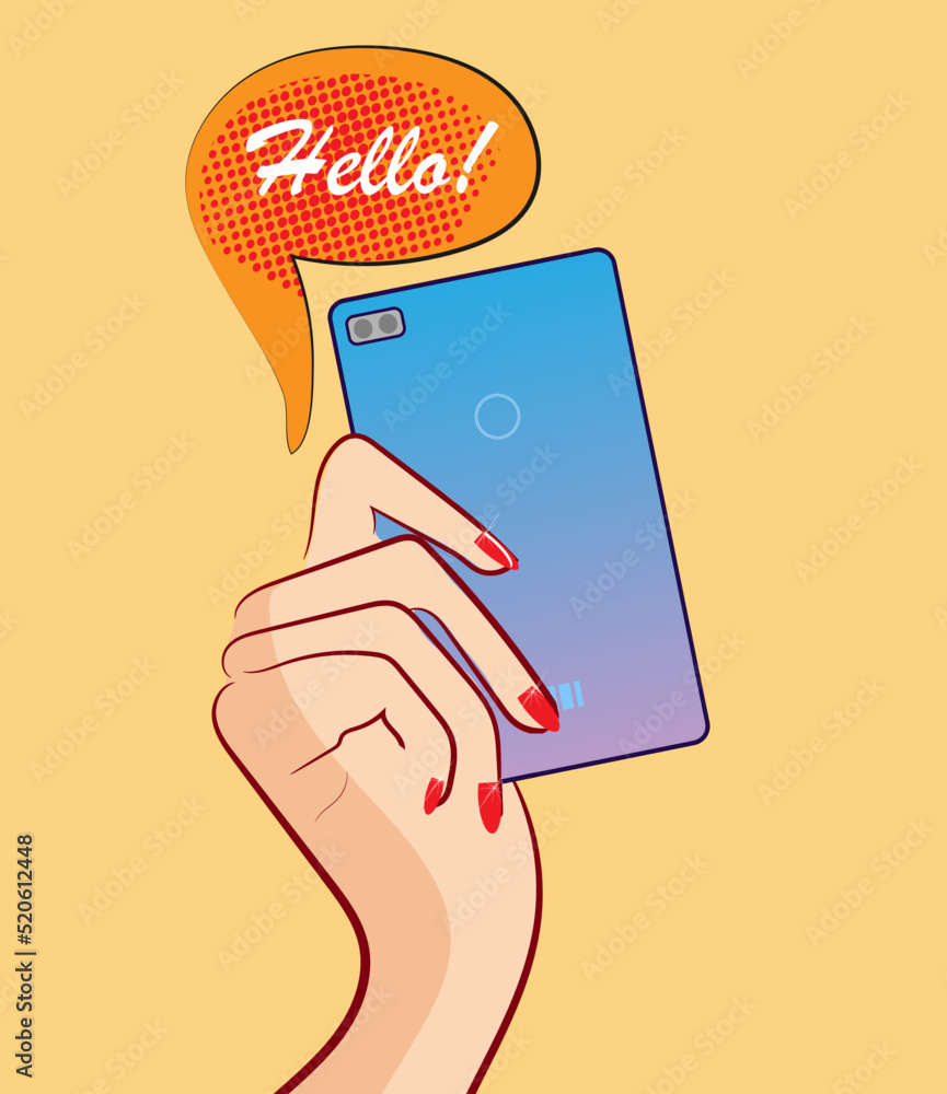 Vetor de Smartphone in a female hand with long scarlet nails. Above is ...