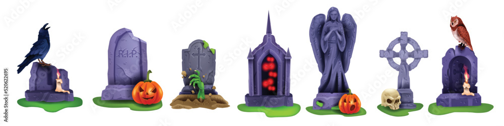 Halloween tombstone vector set, spooky cemetery grave, zombie hand crow ...