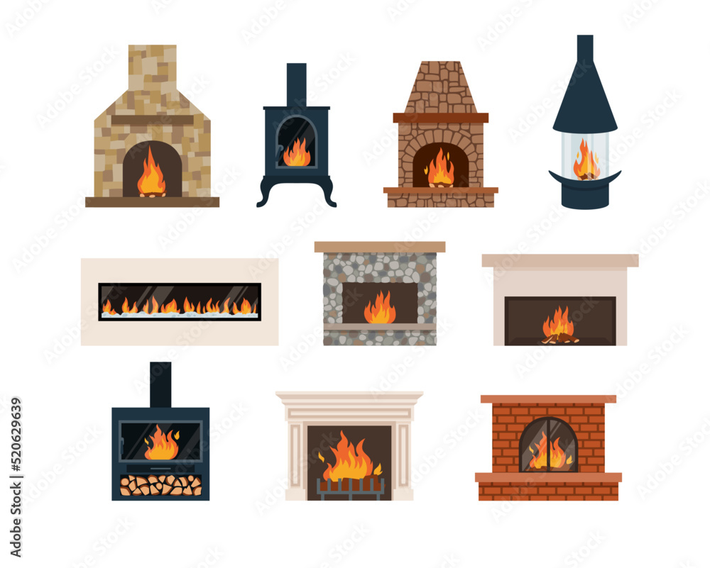 Various fireplace icons - classic and modern home fireplaces, flat ...
