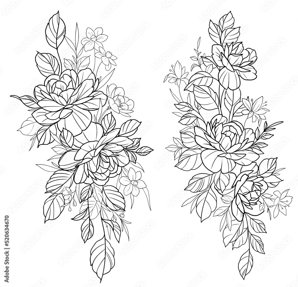 Peony flower bunch outline black and white vector SVG Stock Vector ...