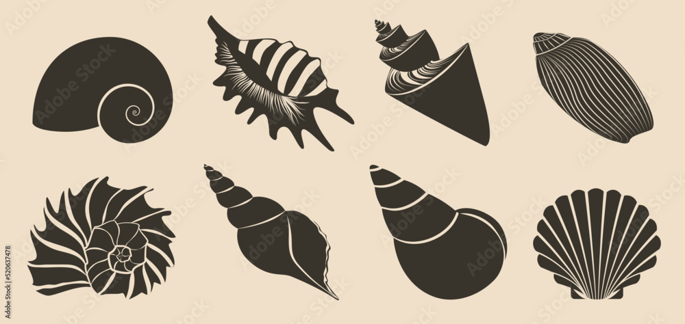 Seashell dark black silhouettes set isolated. Sea shell vector ...