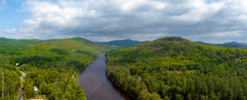 Aerial view of the Hudson River in the Adirondacks, Upstate New York ...