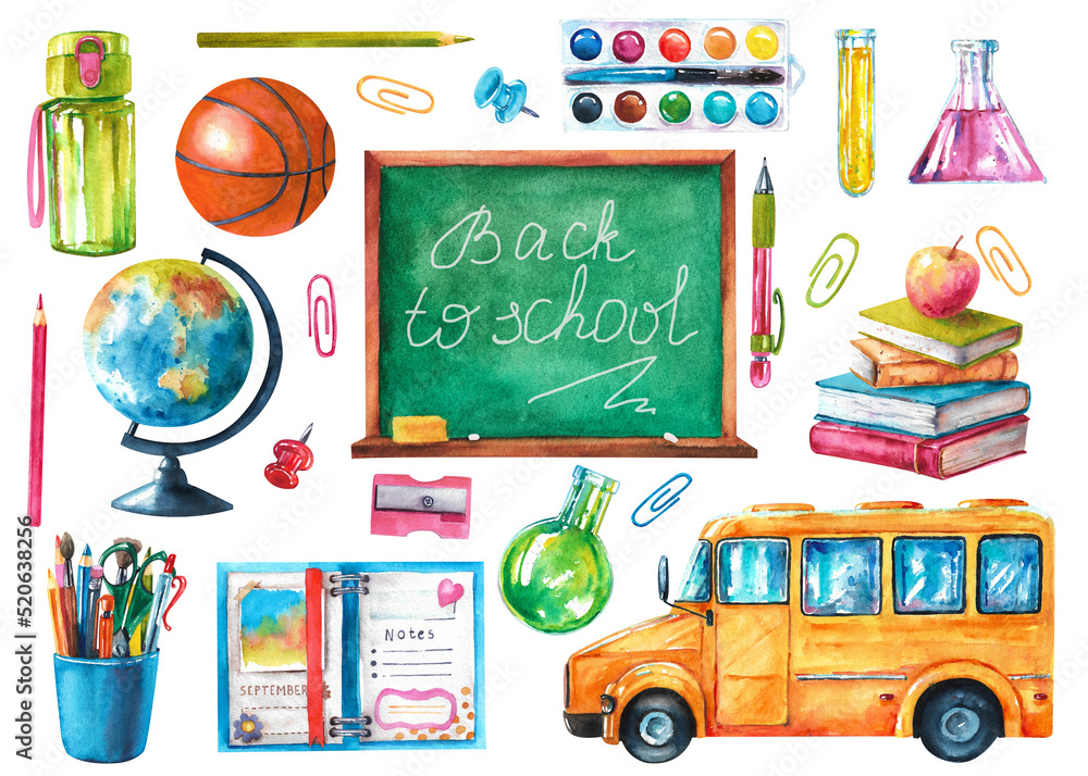 Watercolor school set. Collection of school things. School bus, globe ...