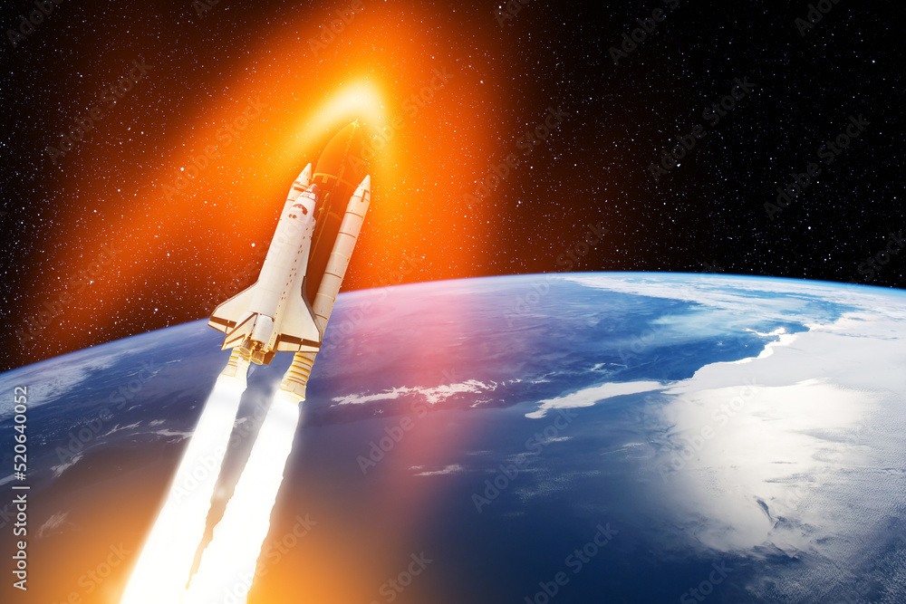 Spaceship lift off. Glowing space shuttle with smoke and blast takes off into the starry sky ...