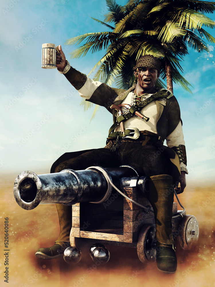 Fantasy scene with a pirate drinking rum and sitting on a cannon under ...