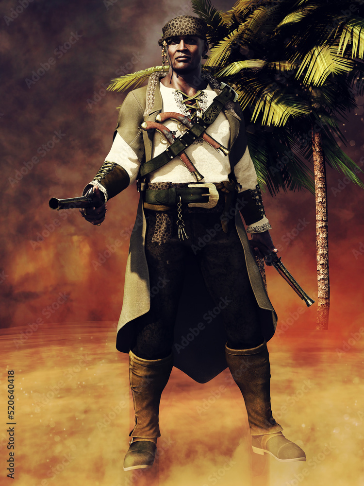 Fantasy pirate standing under a palm tree on a deserted island, holding ...