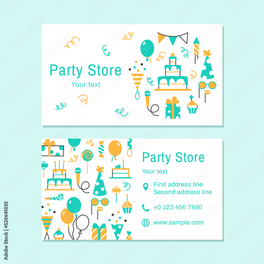 Party Store color business card template. Event service visit card ...