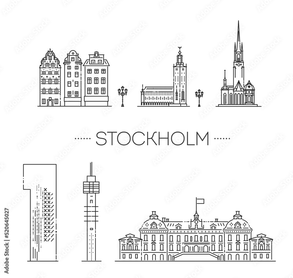 Stockholm, Line Art Vector illustration with all famous buildings Stock ...