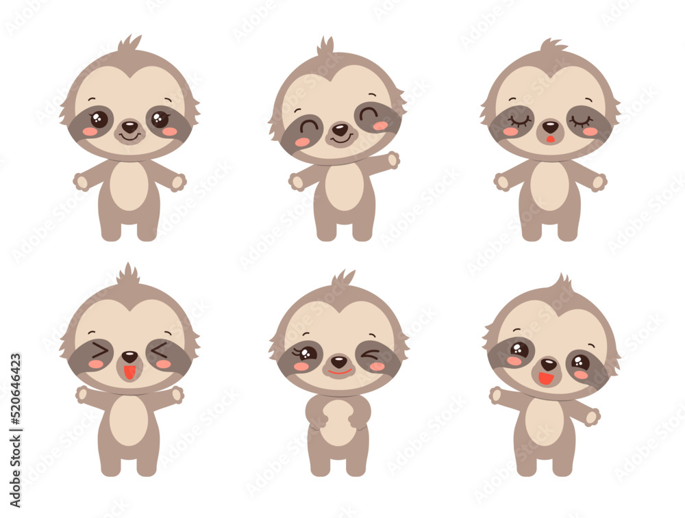 Cartoon sloth baby character set. Various emotions. Kawaii animal ...