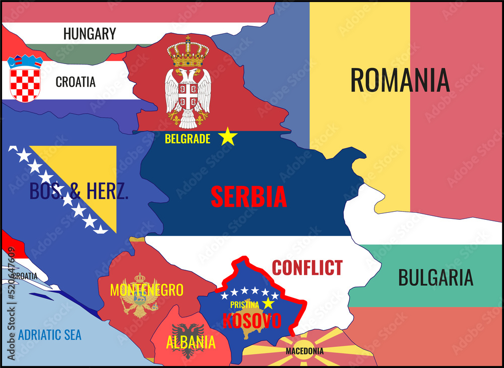 Illustration of a map of Serbia, Kosovo and neighboring countries with ...