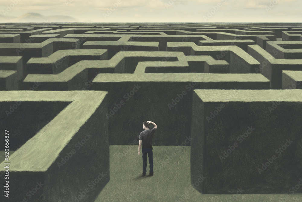 Illustration of man lost in a complex labyrinth, surreal abstract ...