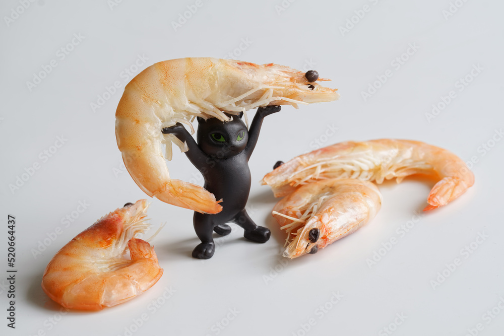 Funny toy black kitten from a meme holds a large shrimp in its paws ...