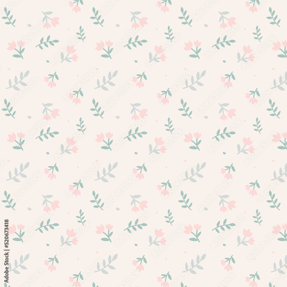 Floral pattern of small plants and flowers on white background. Hand ...