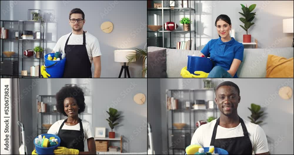 Portraits of mixed-race people professional cleaners indoor in living ...