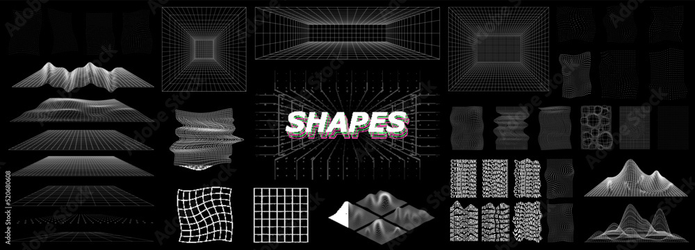 Volumetric objects retrofuturistic concept. Grid frame, mesh, abstract ...