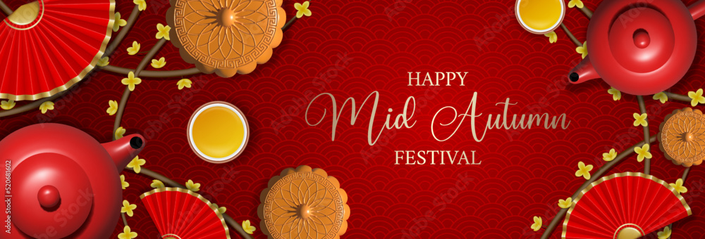 Chinese mid autumn festival banner with red teapots, moon cakes and ...