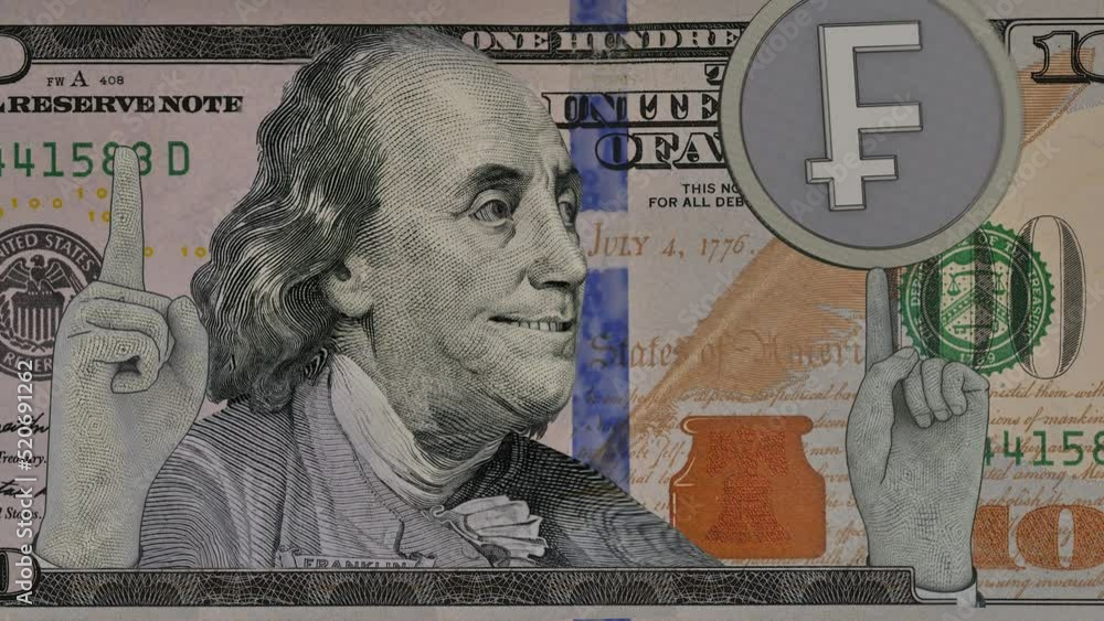 Benjamin Franklin on a hundred dollar bill slips a Swiss franc coin on ...