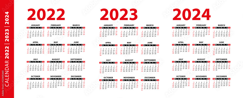 Calendar 2022, 2023 and 2024 years isolated on white background. Week ...
