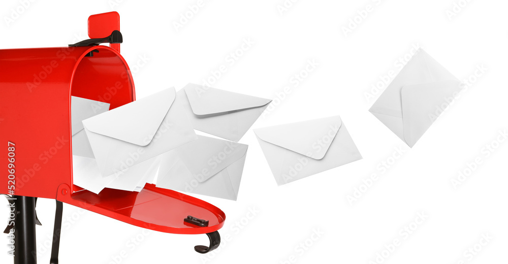 Envelopes flying out from red letter box on white background. Banner ...