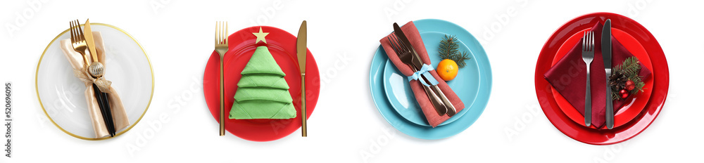 Set with examples of different beautiful table settings on white ...