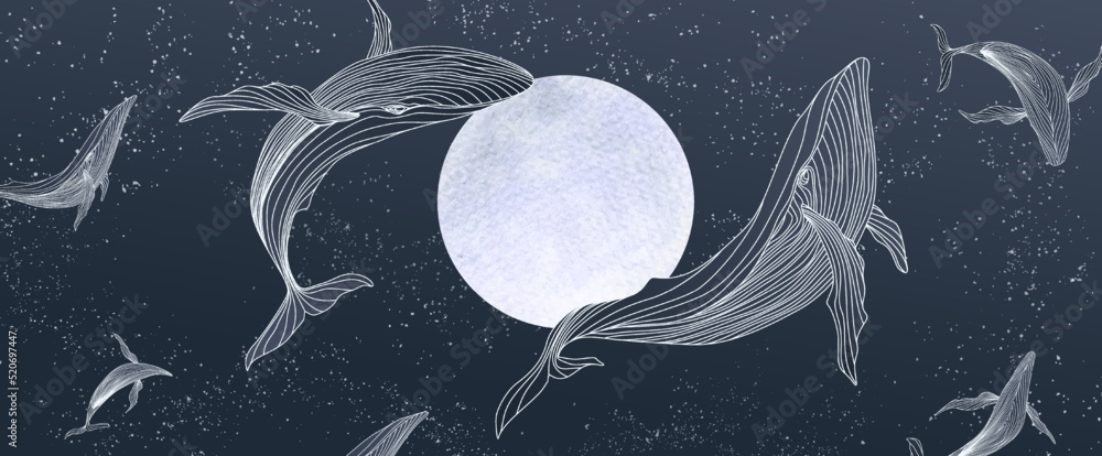 Art background in blue color with an illustration of whales on the ...