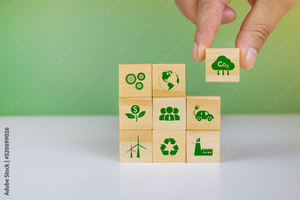 Isolated wooden cubes. Concept of sustainable development, renewable ...