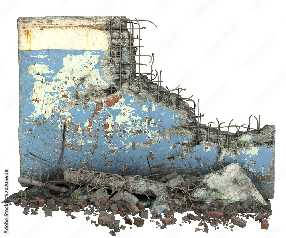 3D ruined concrete painted wall with exposed rebar with brick and trash illustration isolated ...