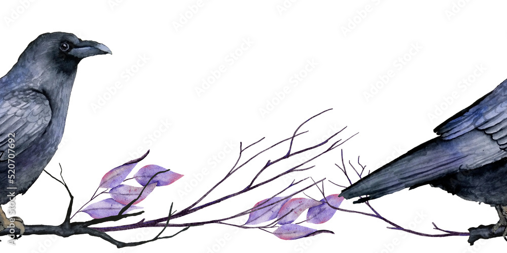 Watercolor hand drawn seamless horizontal border frame with raven ...