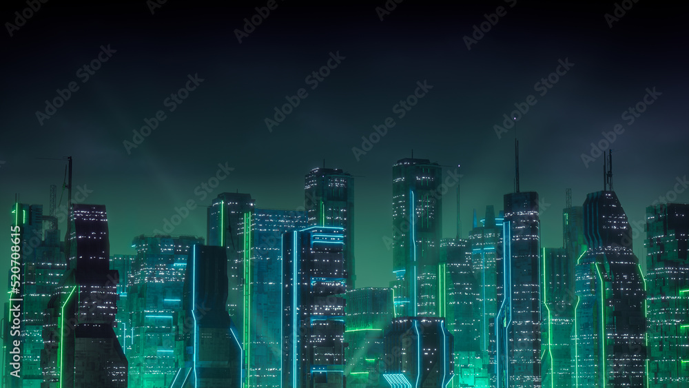 Sci-fi Metropolis with Green and Blue Neon lights. Night scene with ...