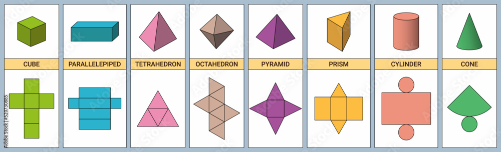 Geometric figures and surface developments: cube, pyramid, prism ...