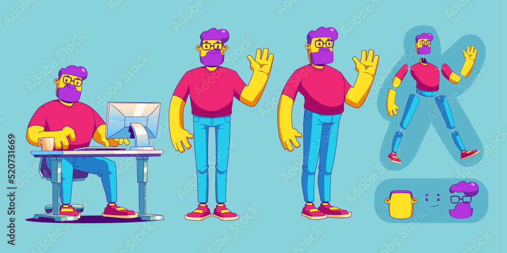 Man character sitting at table with computer and standing. Vector ...