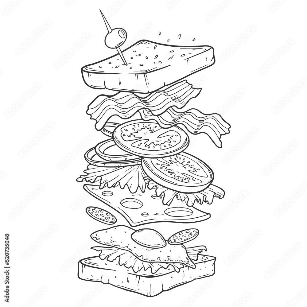 Sandwich constructor. Flying ingredients with big chiabatta bun. Hand ...