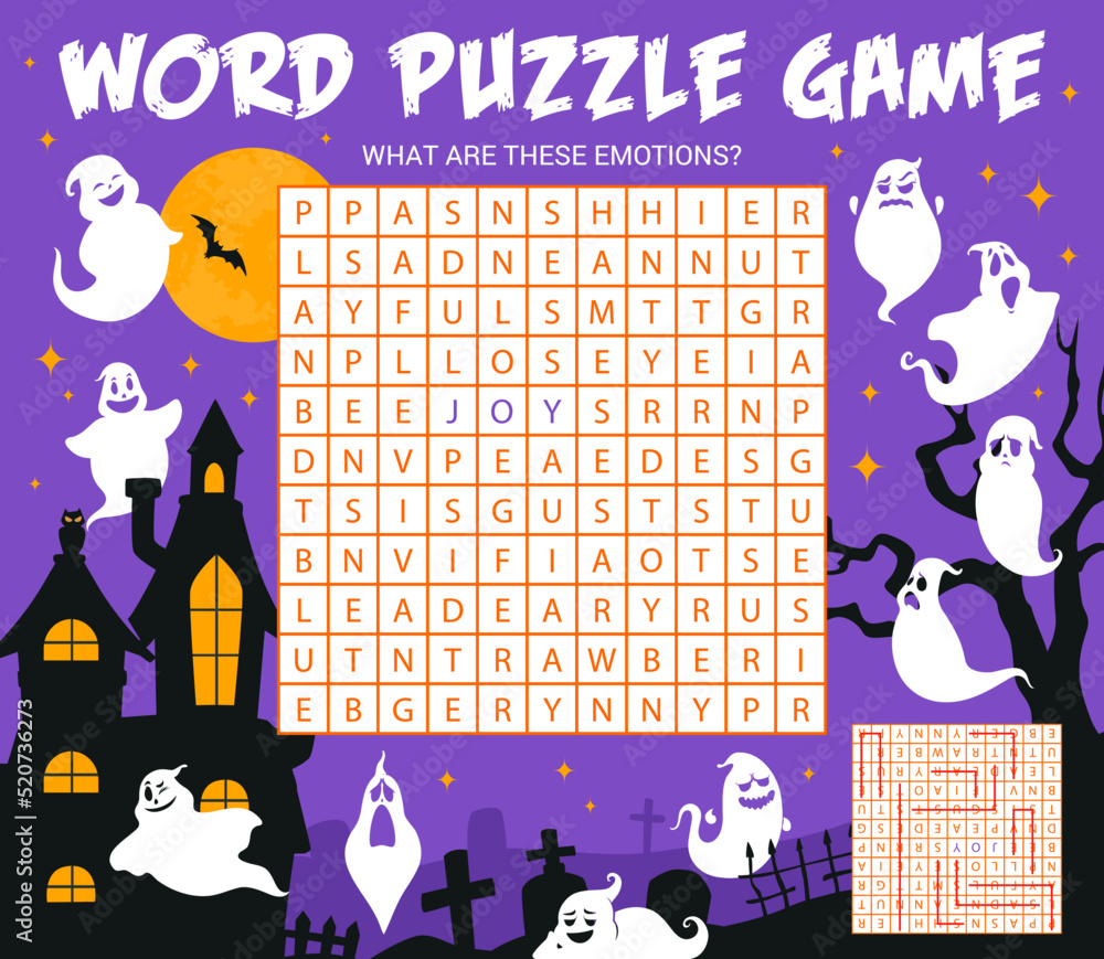 Halloween ghosts on cemetery, word search puzzle game worksheet, vector ...