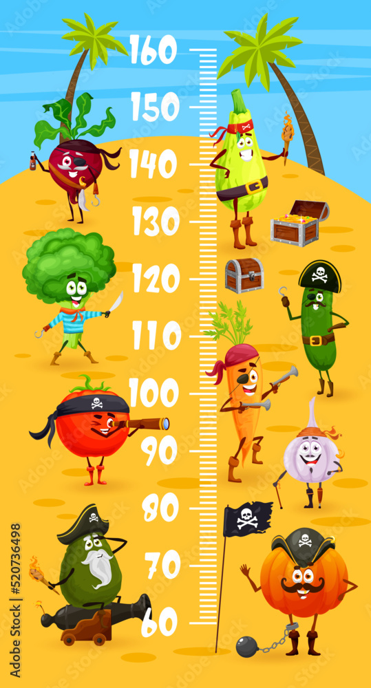 Kids height chart with cartoon vegetables pirates and corsairs, vector ...