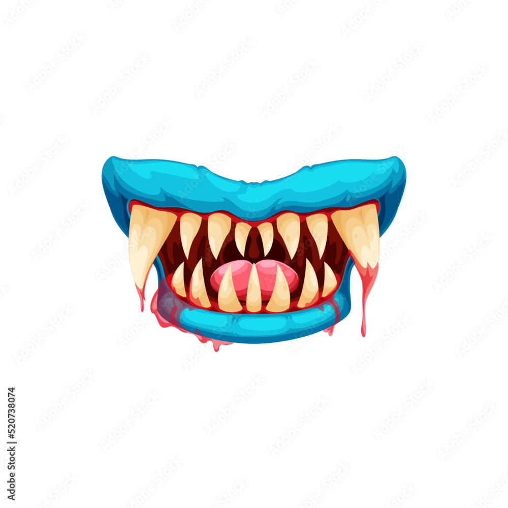 Crazy horror face of alien beast and angry zombies with sharp fangs ...