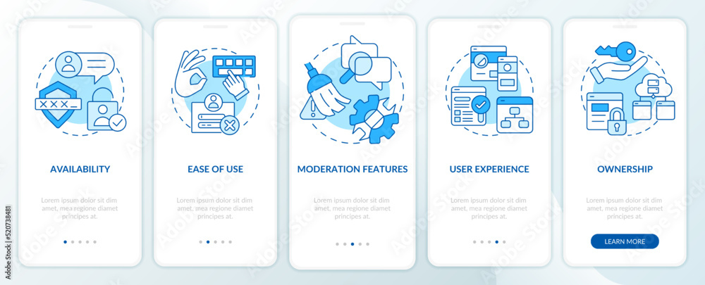 Commenting Platform Features Blue Onboarding Mobile App Screen Walkthrough 5 Steps Editable