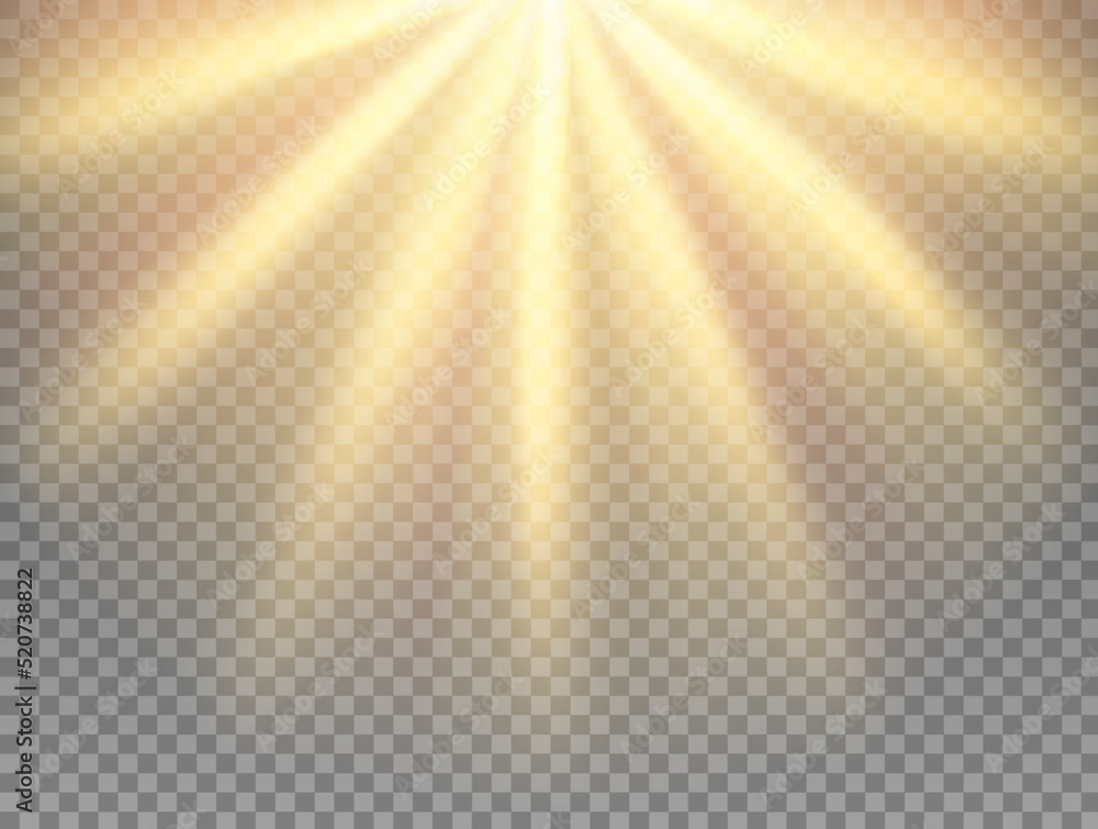 Sun light rays on transparent background, sunlight flares and sunbeams, vector effect. Bright ...