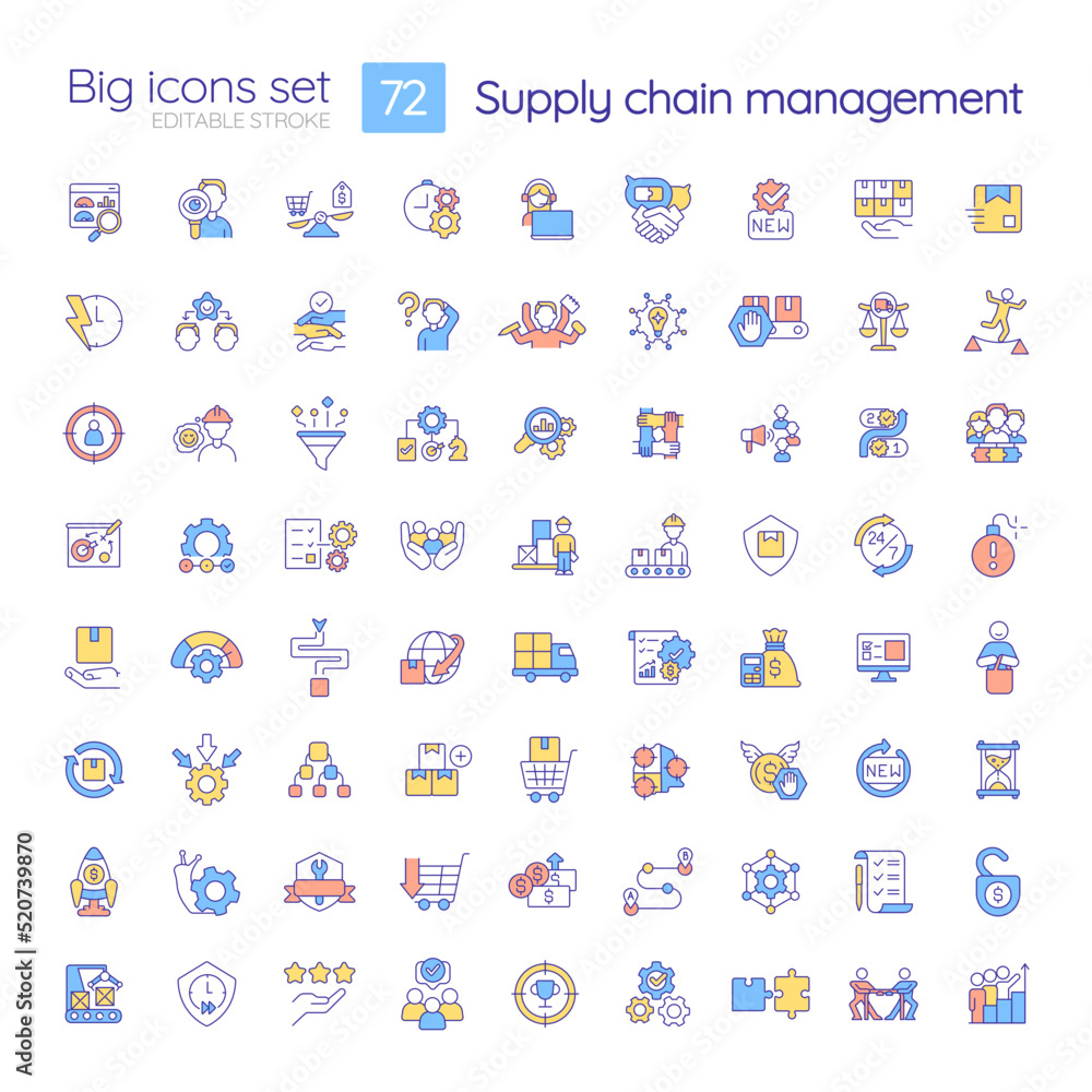 Supply chain management RGB color icons set. Production and logistics ...