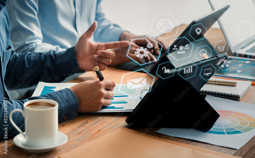 Business people hands working on network and digital finance marketing ...