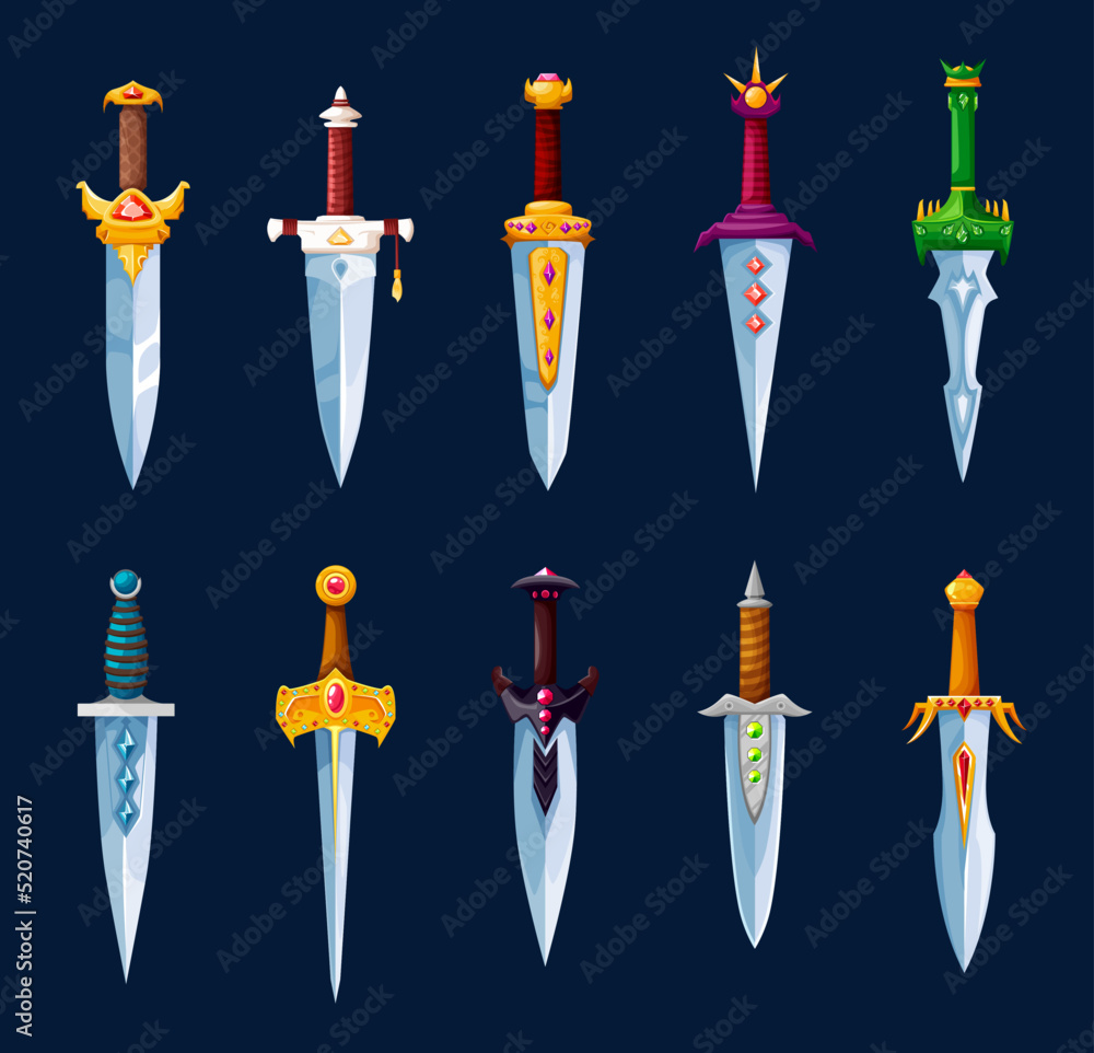 Magical cartoon steel dagger and stiletto isolated blades. Vector ...