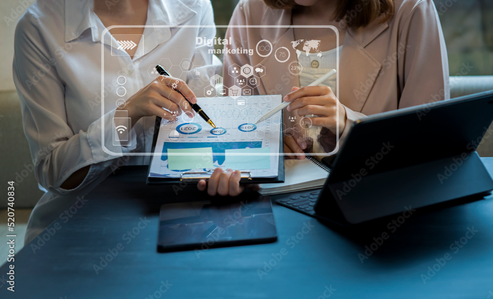 Business people hands working on network and digital finance marketing ...