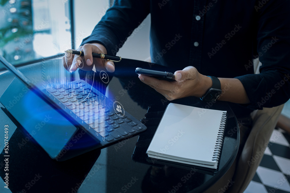 Business people hands working on network and digital finance marketing ...